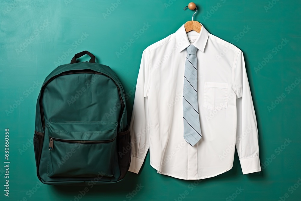 Modern school uniform and backpack hanging on color wall Stock Photo ...