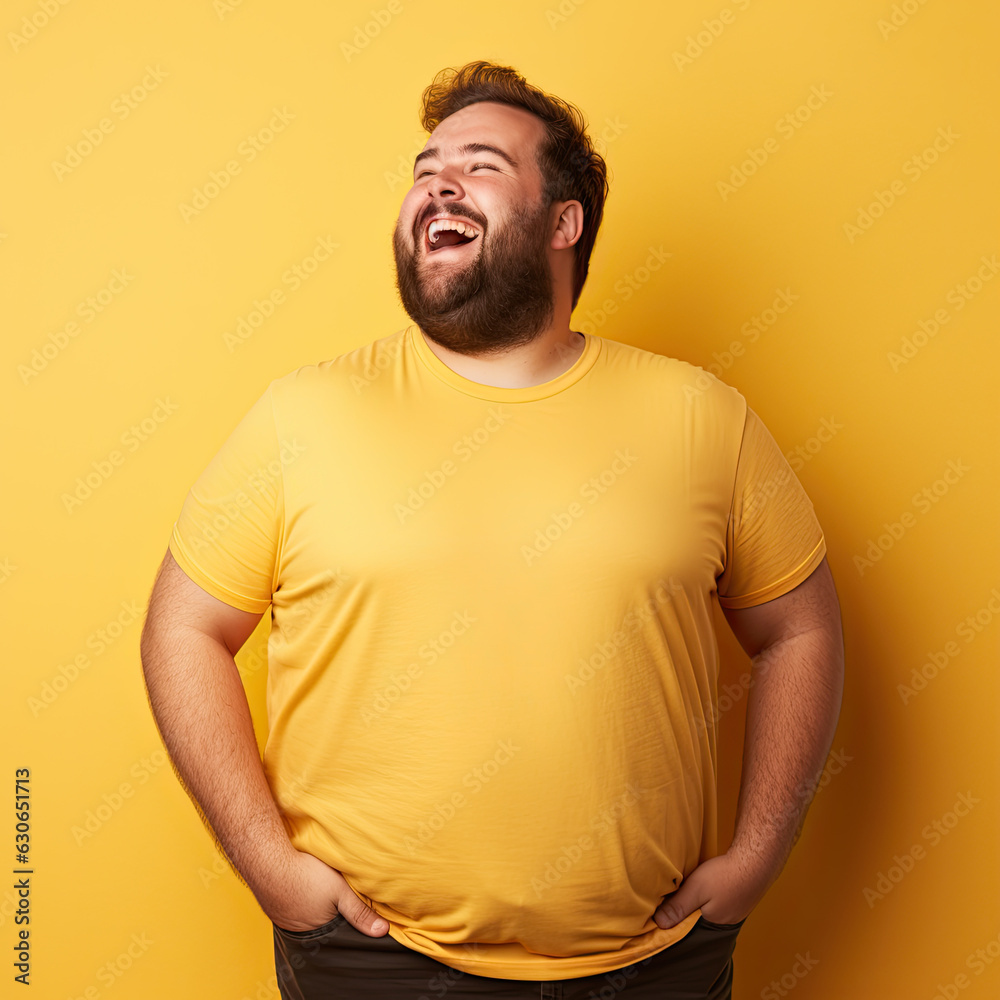 Excited fat man celebrating success. Happy plus size bearded man on ...