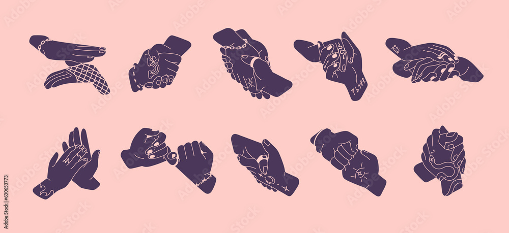 Two hands touching, holding together set. Greeting hi and hello ...