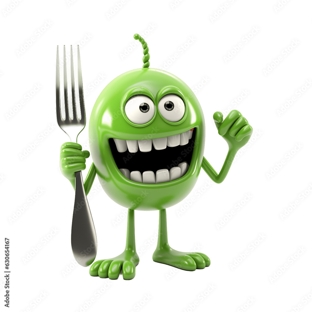 Cute green hungry monster holding big fork isolated on transparent ...