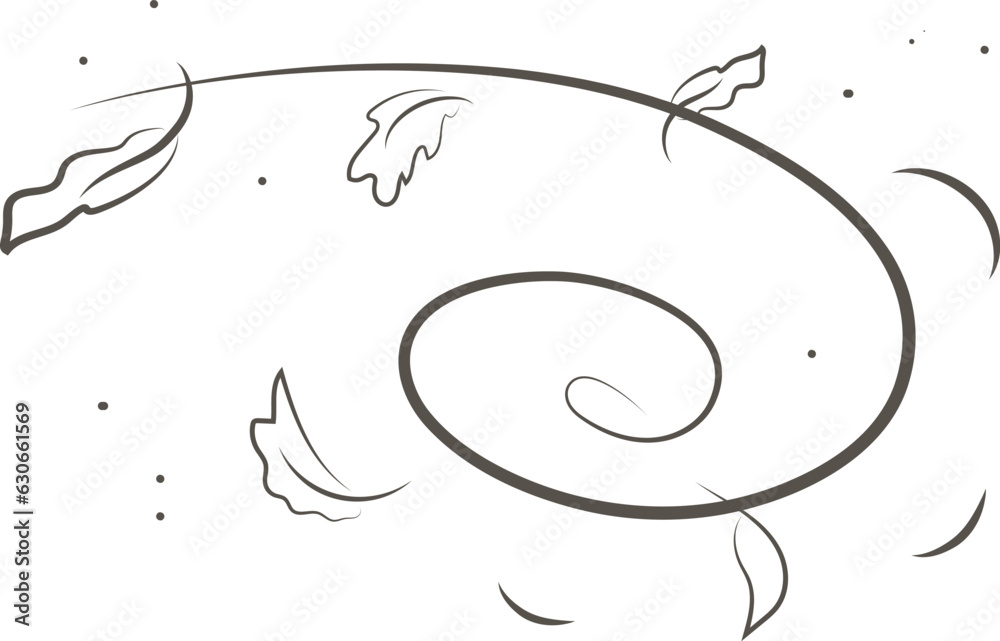 Outline drawing of a breath of wind with flying autumn leaves.Wind blow ...