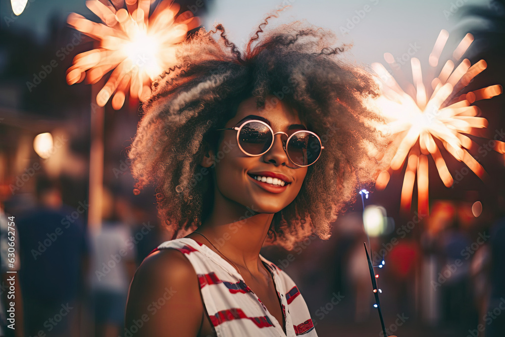 African American woman with american symbols at a fourth of July ...