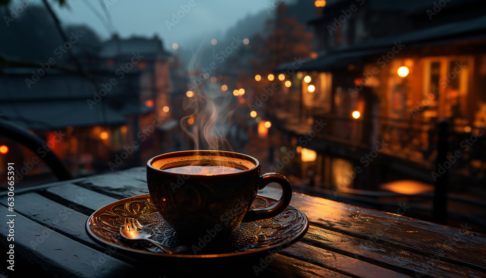 Recreation of smokin espresso coffee cup at night with a street at ...