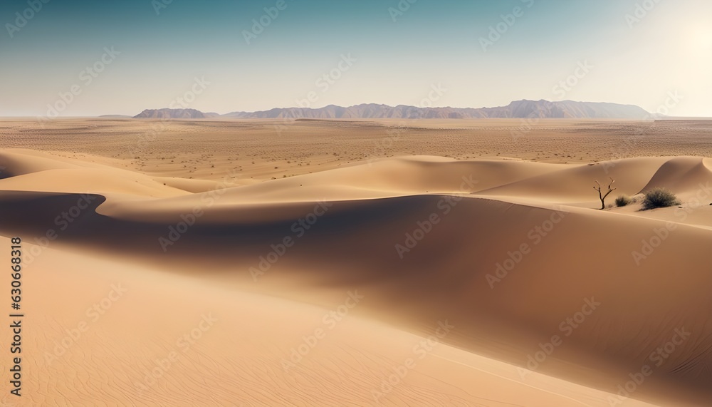 Vast desert with sand dunes and a lone oasis in the distance, hot sun ...