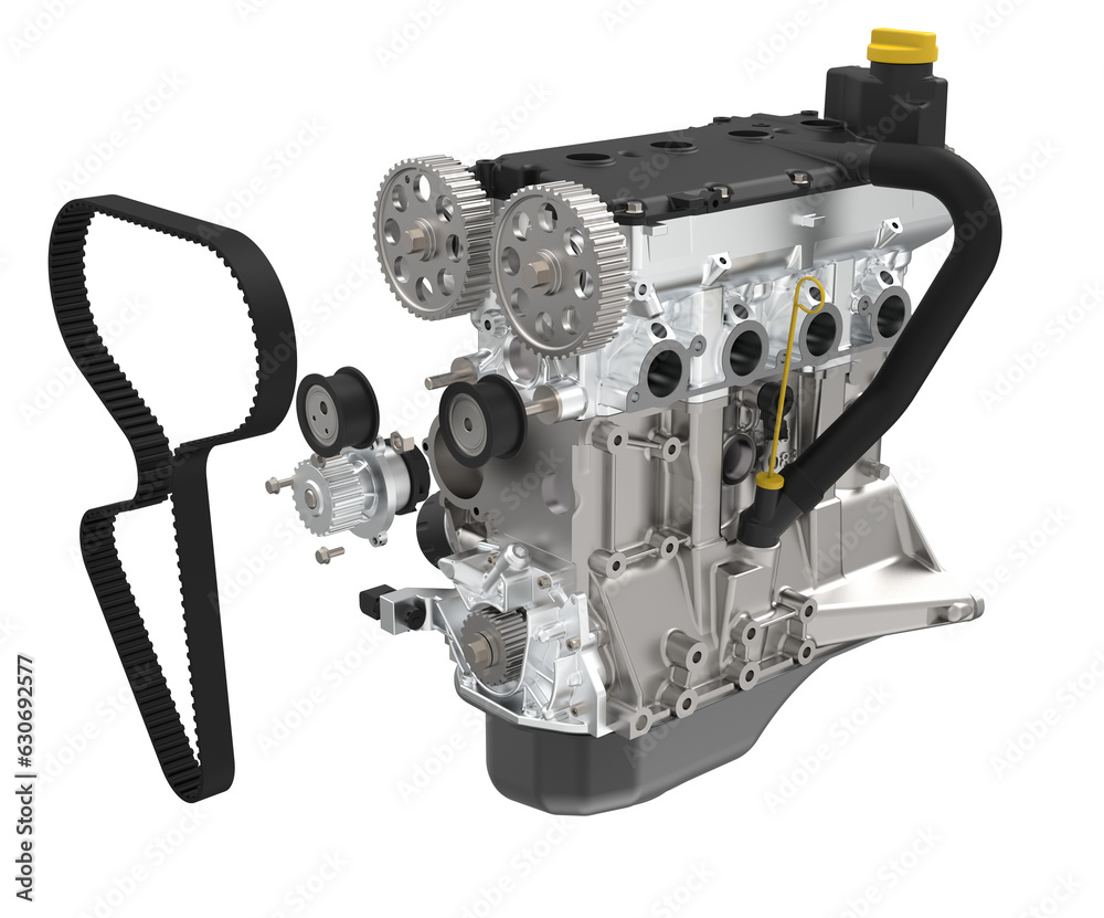 Explode view with car engine with timing belt. Detailed view with car ...