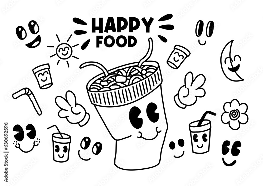 Cute cartoon retro illustration cute doodle food and drink theme ...