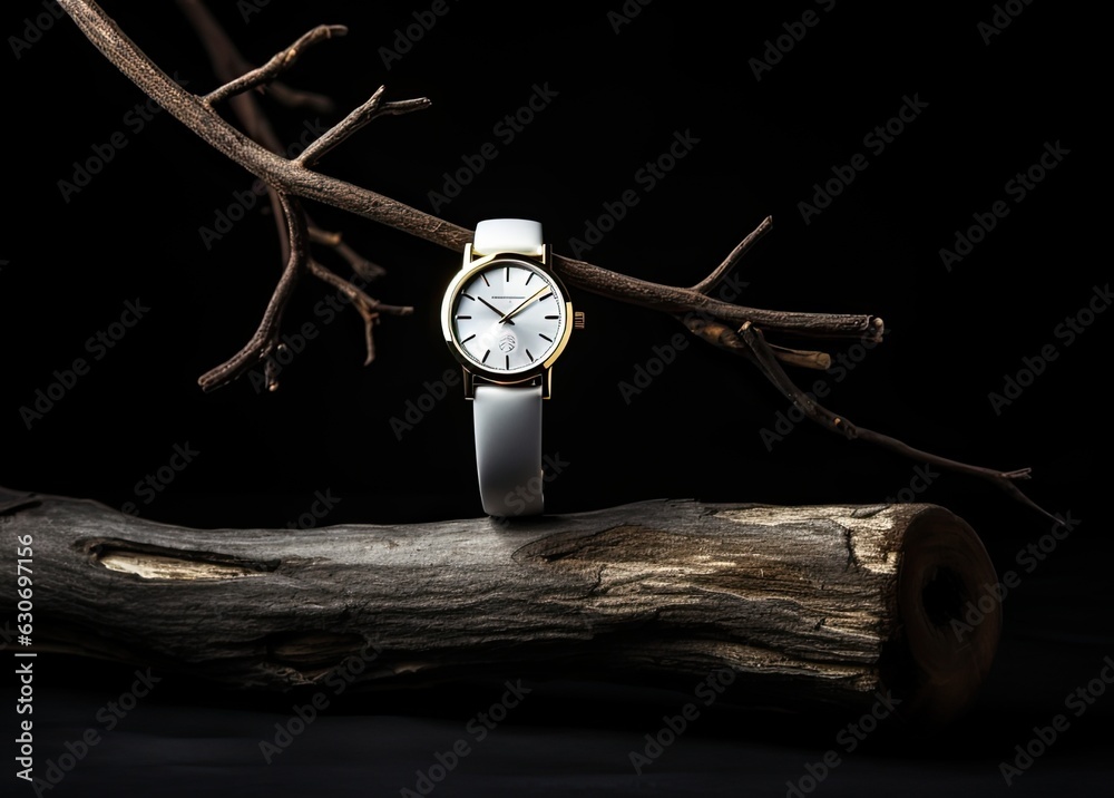 A luxury gold watch with a black dial. A watch on a beautiful stand, on ...