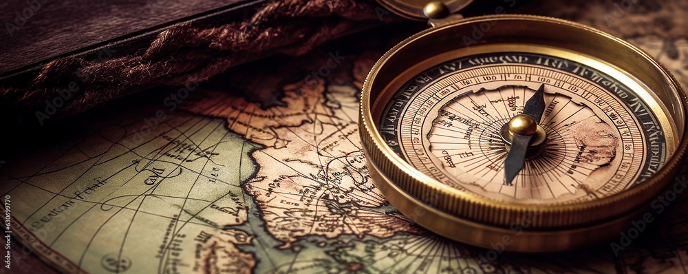 Vintage Old Compass on Antique Map, Retro Navigation and Exploration ...