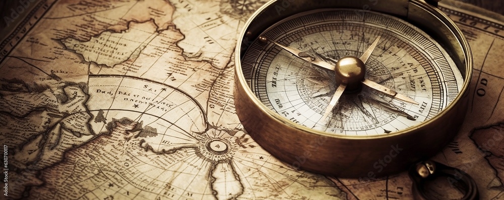 Vintage Old Compass on Antique Map, Retro Navigation and Exploration ...