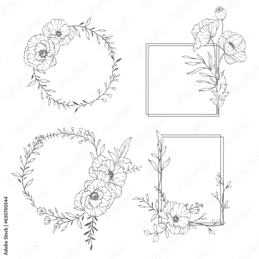 Floral Frames Line Art, Fine Line Poppy Frames Hand Drawn Illustration ...