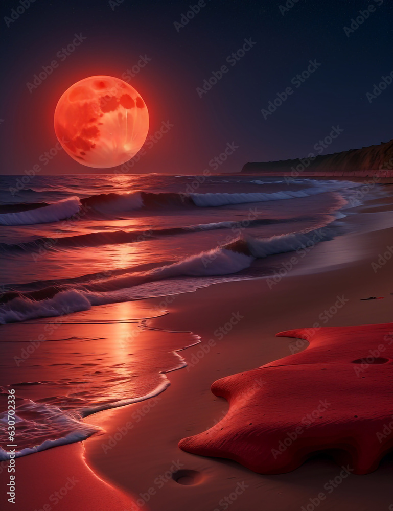 A mysterious beach at night, illuminated by a red moon, with the dark ...