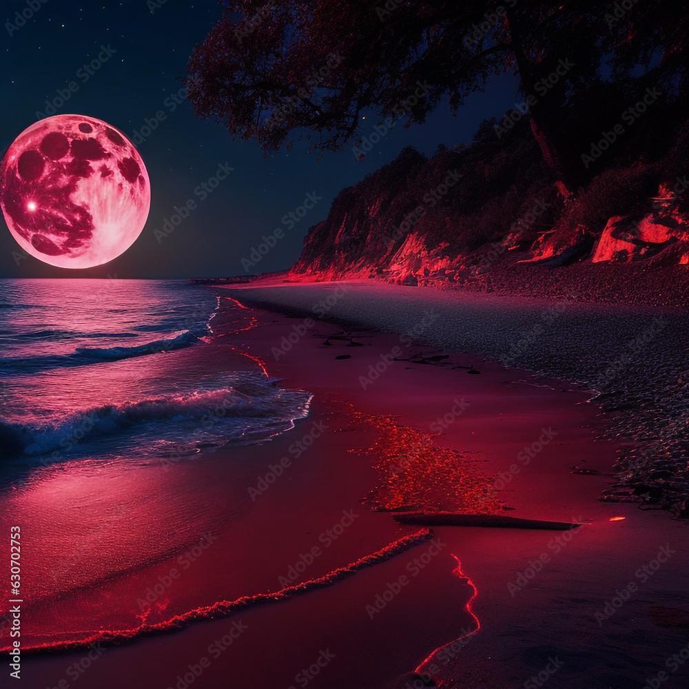 A mysterious beach at night, illuminated by a red moon, with the dark ...