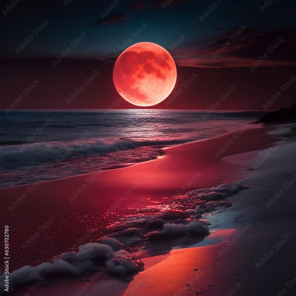 A mysterious beach at night, illuminated by a red moon, with the dark ...