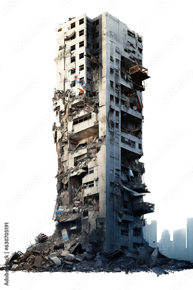 Destroyed concrete skyscraper building isolated on a transparent ...