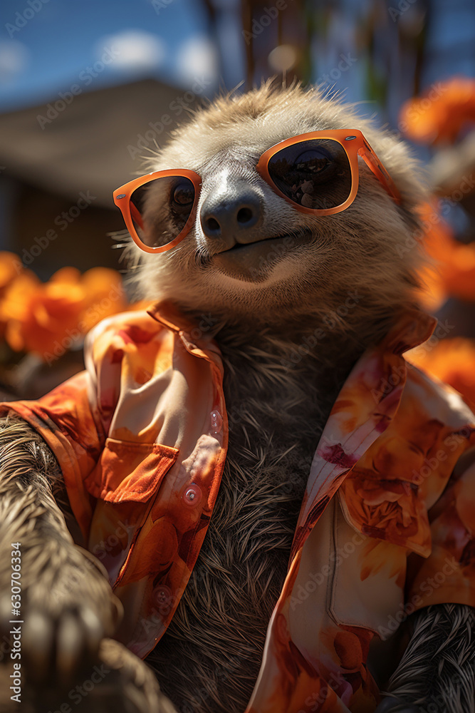 Relaxed funny sloth sluggard in sunglasses and Hawaiian t-shirt ...