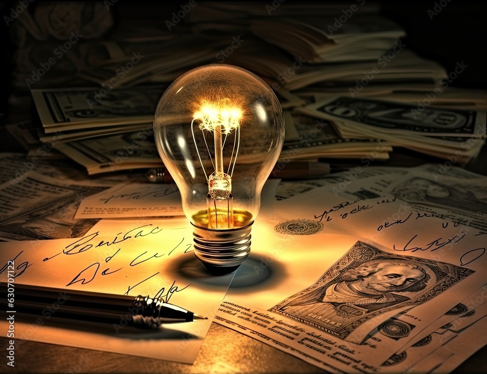 Electricity bill with light bulb, several coins and pen on the desk ...
