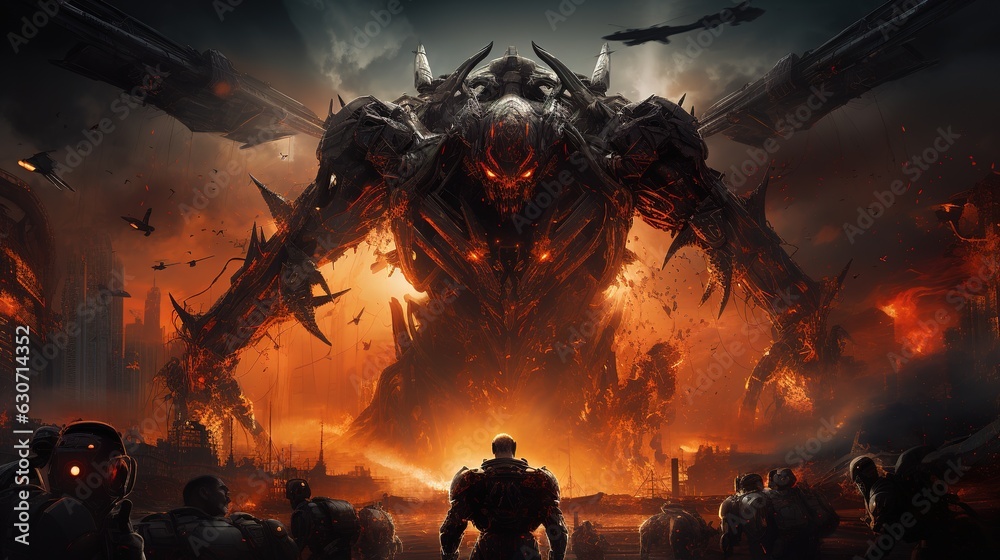 Sci-fi military giant war machine. Humanoid robot in apocalypse ...