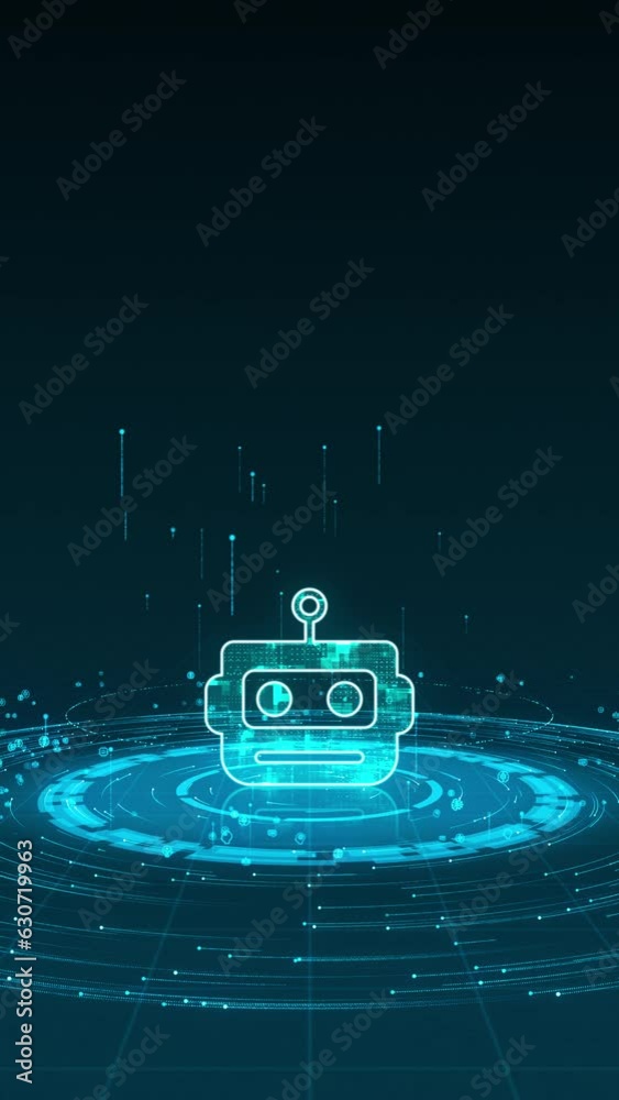 Motion graphic of Blue digital Robot logo with particle ring circle ...