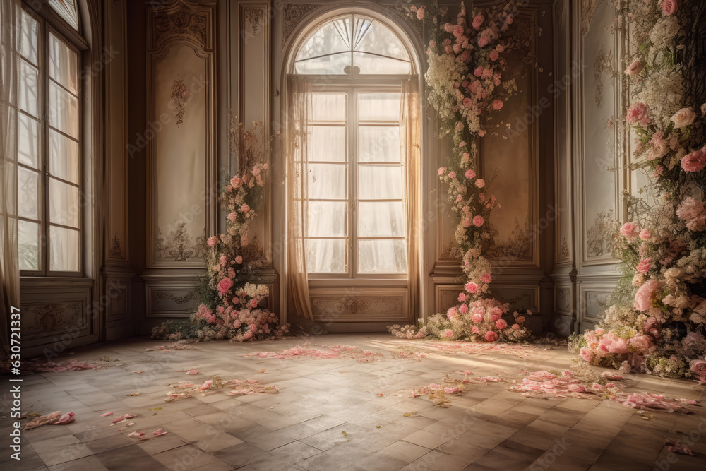 Luxury Palace hall Interior decorated with frescoes and pink roses ...