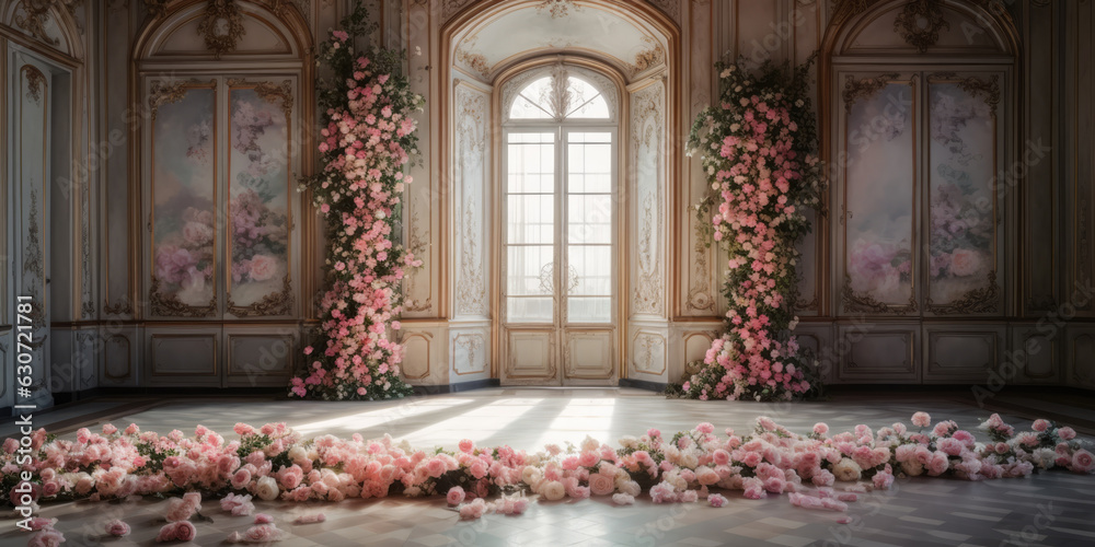 Luxury Palace Interior decorated with pink roses flowers. Palace ...