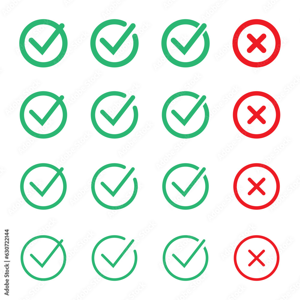 Tick and cross signs. Green checkmark and red X icons, isolated on ...