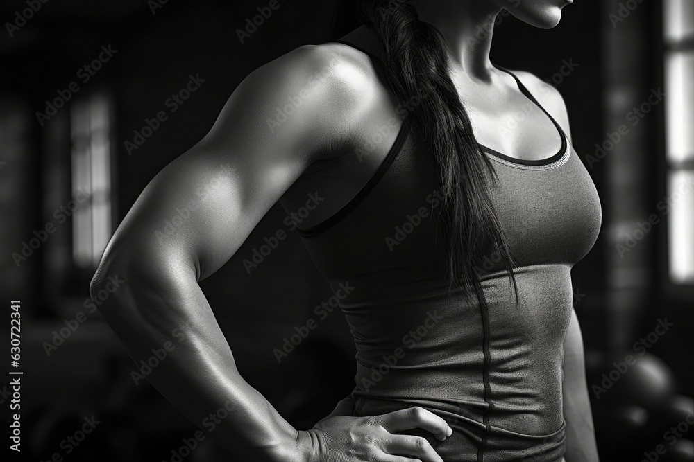 Side view of athletic muscular girl torso on exercise equipment ...