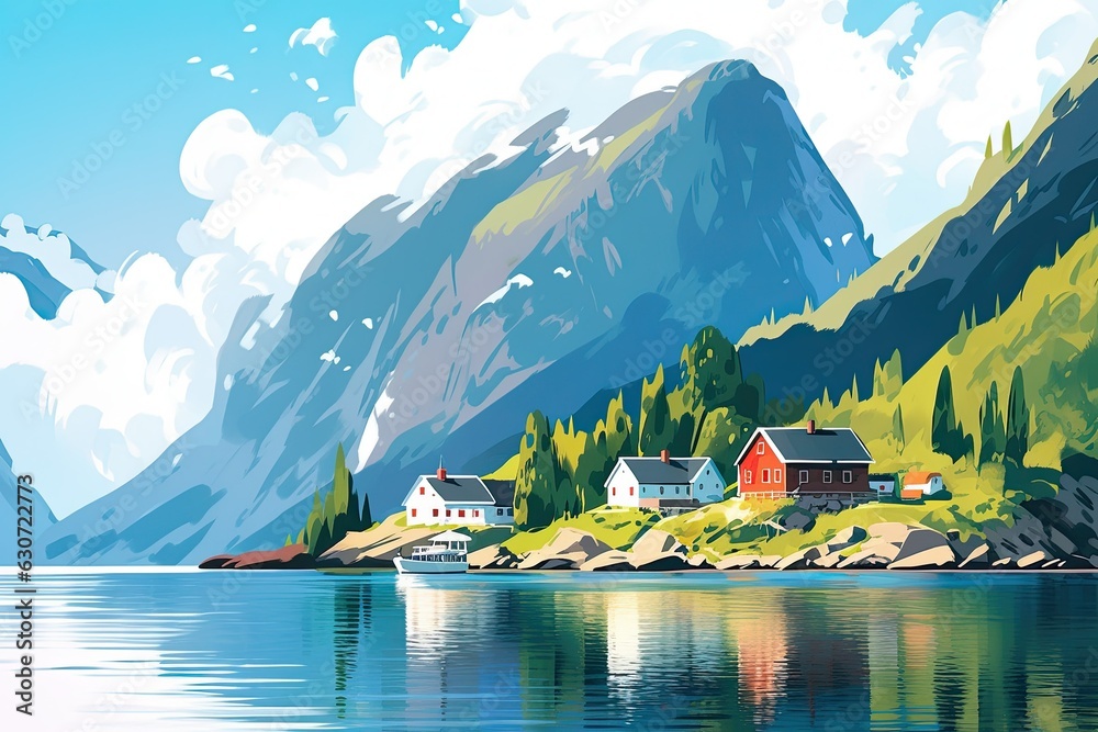 Oil paint style of a small northern fishing town on the coast against ...