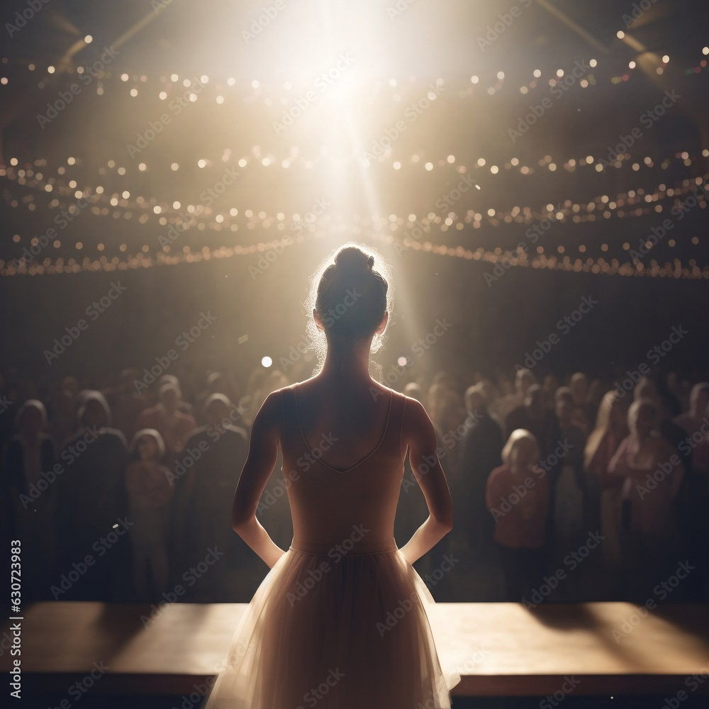 Ballerina Girl With Bun On Stage With Light Focusing On Girl Back View