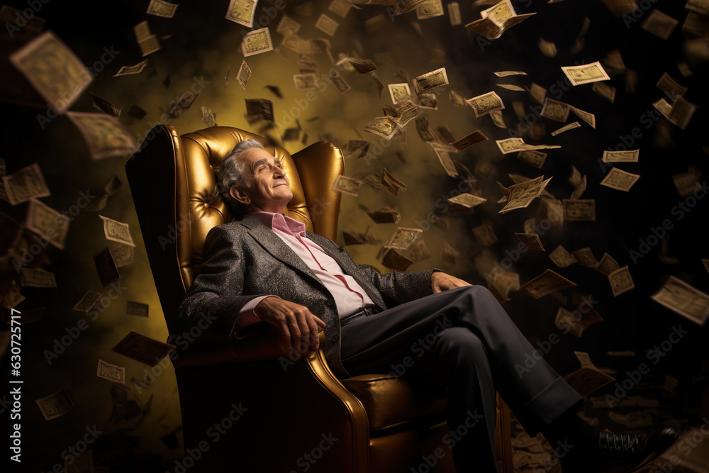 Wealthy old man sitting on golden chair with money flying around him ...