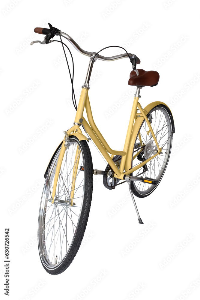 Yellow retro bicycle, generic clean and new. Brown leather saddle and ...