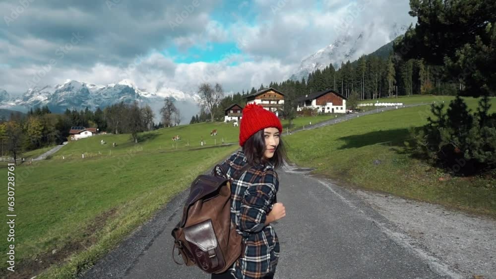 Girl walk in Switzerland alps. Woman hiker tourist hiking on hike in ...