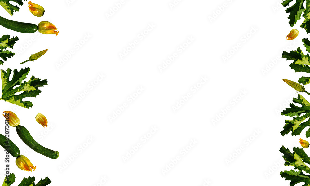 Frame/border of flowers and leaves of zucchini in yellow and green ...