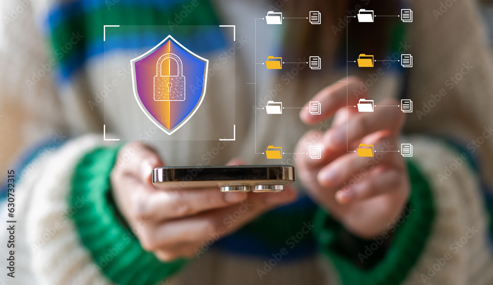 Hand use phone security scanning protect, technology digital program ...