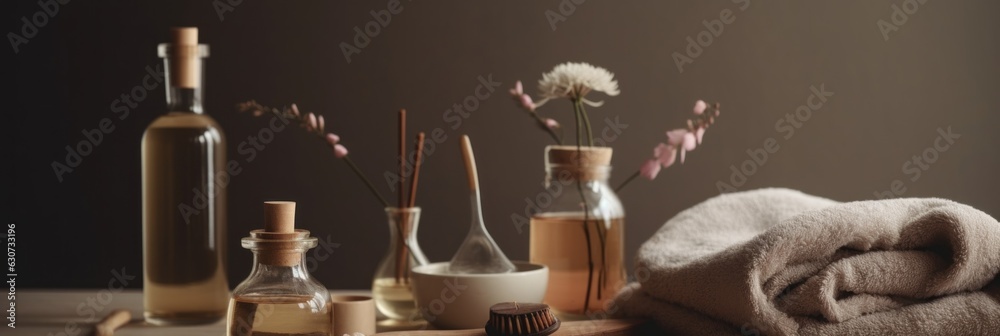 Skin care oil, natural cosmetics, spa treatments on a gray background ...