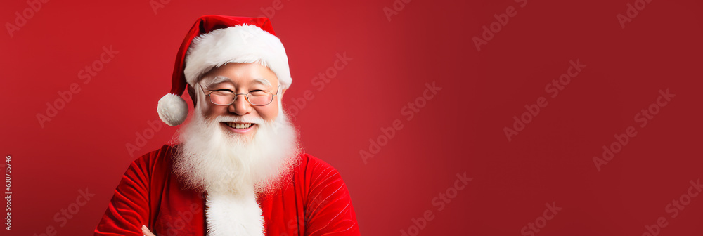 Christmas background with smiling Asian santa claus on red background ...
