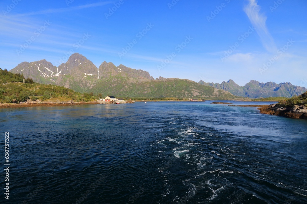 Strong tidal current in Lofoten islands, Norway. Current stream in a ...