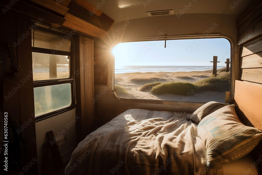 Sunny morning view on ocean beach from bed motor home caravan camping ...