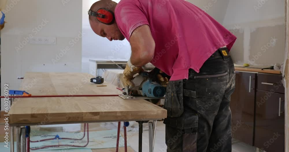 Cinematic shots of woodwork in old house. Wood cutting process in ...