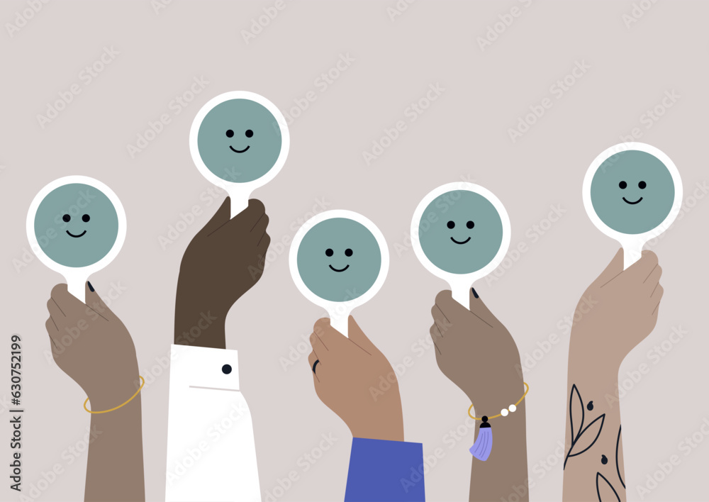 Poster A diverse crowd of people displaying signs with positive ...