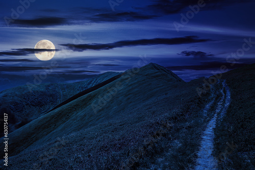 mountain landscape. path through hill side to the mountain top at night ...