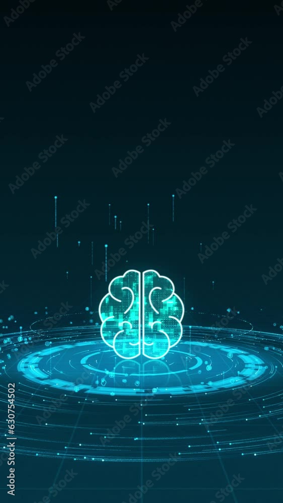 Motion graphic of Blue digital brain logo with particle ring circle ...