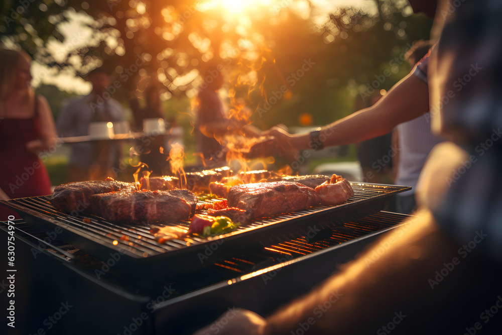 People grilling meat on a grill outside, barbeque created with ...