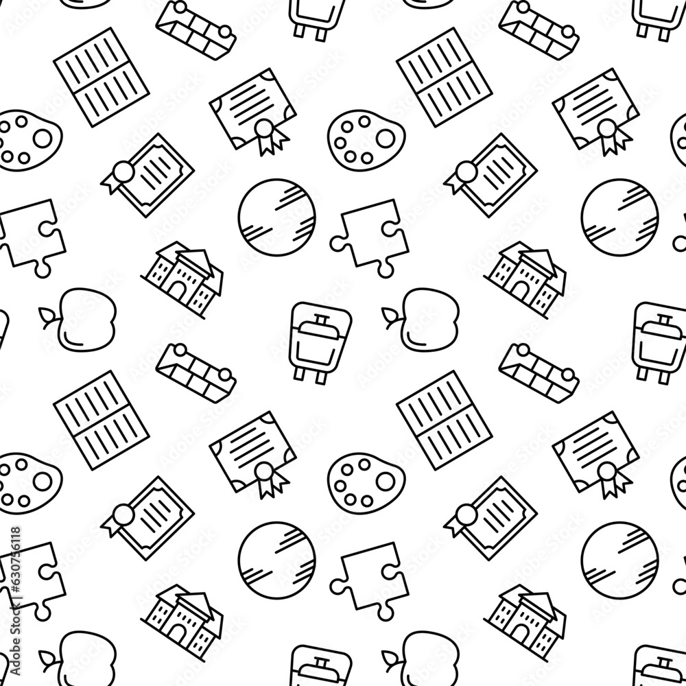 Education Vector Seamless Pattern Texture Background With Thin Line Icons Black Outline