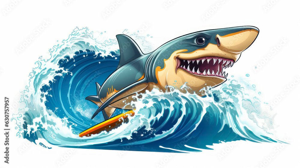 Cartoon illustration from surfing shark on surf board isolated on white ...