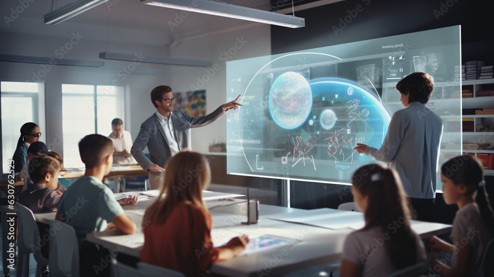 A picture of a modern classroom with students using holographic tablets ...
