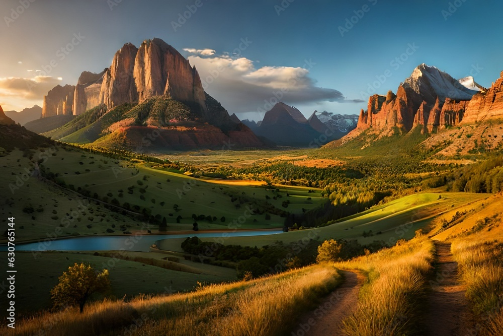 Sunrise over the lake of Country road through orchards and ranch land ...