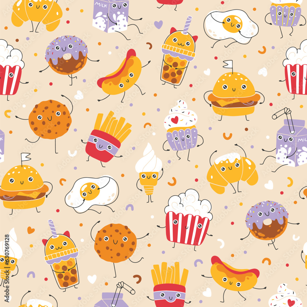 Dessert And Fast Food Seamless Pattern Cute Smile Hand Drawn Nursery
