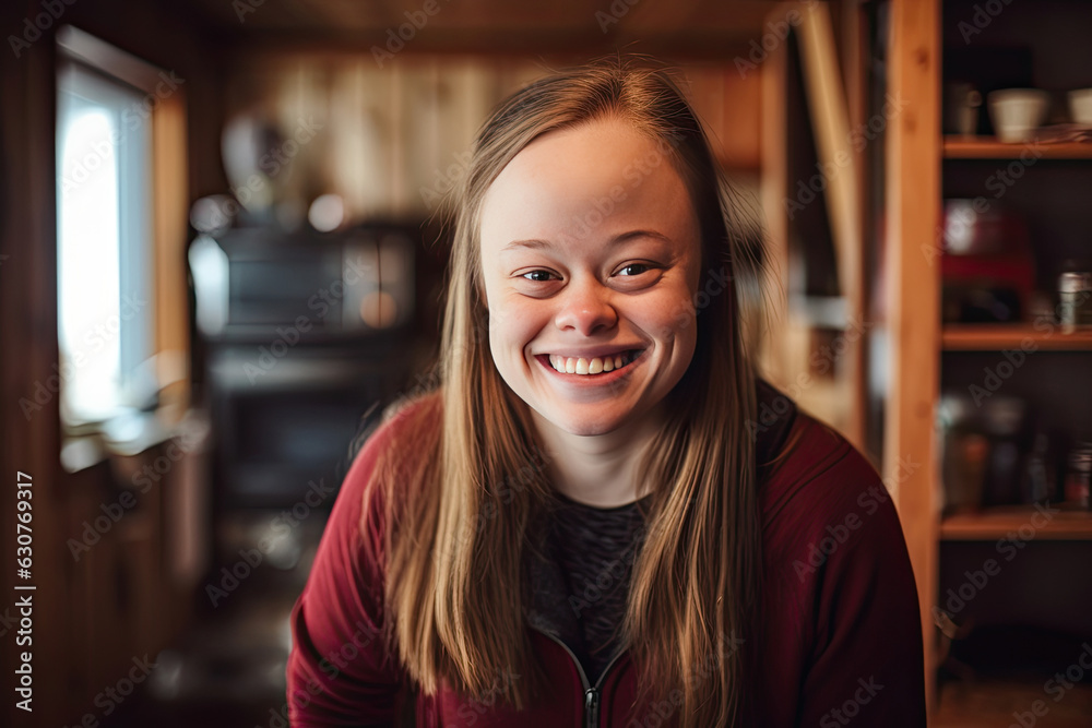 Down syndrome woman at home with a happy face standing and smiling with ...