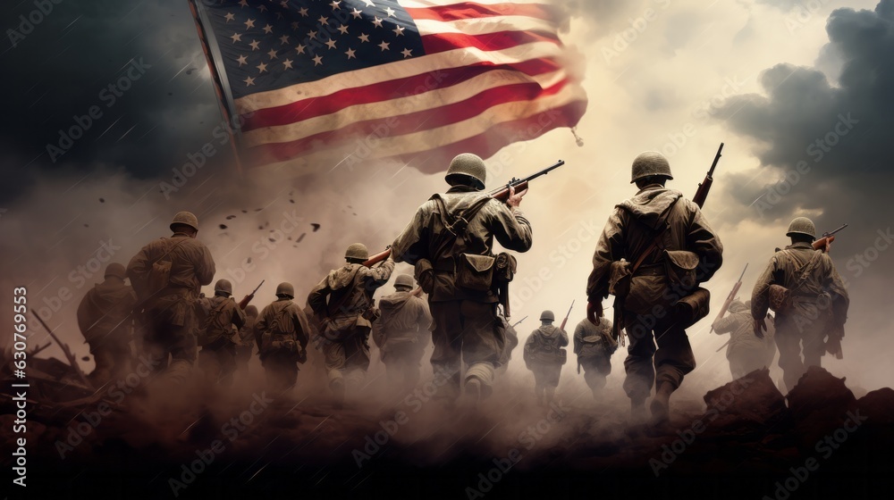 American soldiers with American flag on battlefield ww2. AI generative ...