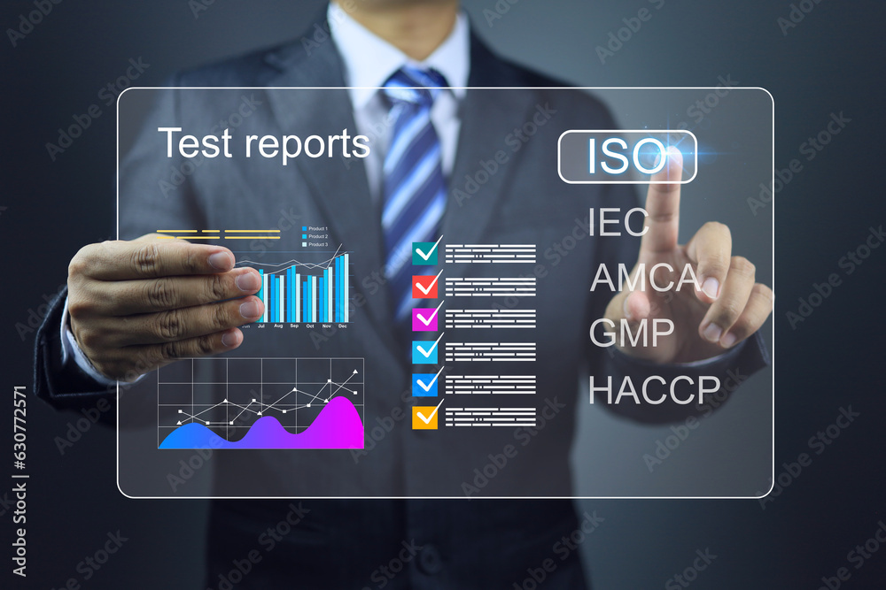 Businessmen or testing staff read ISO product test reports document to ...